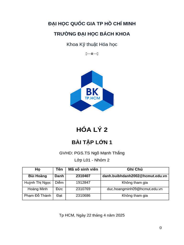 Btl2-Hoá Lý 2 - l01 - Nhóm 2 | PDF