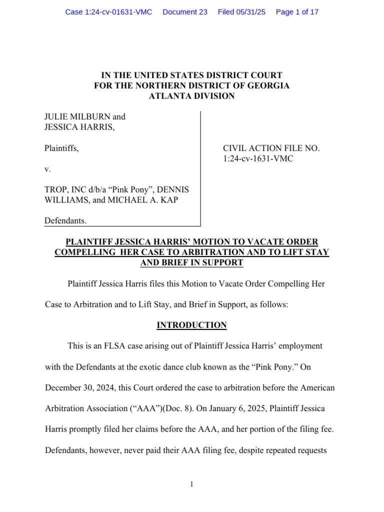 Pink Pony Exotic Dancer Wage Theft Lawsuit Motion To Vacate Order Re ...