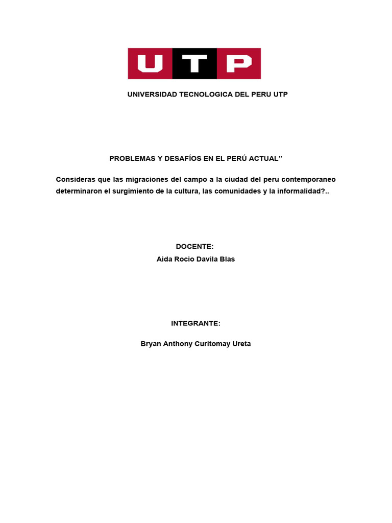 Desafios Del Peru Ta2 | PDF | Migración humana | Perú
