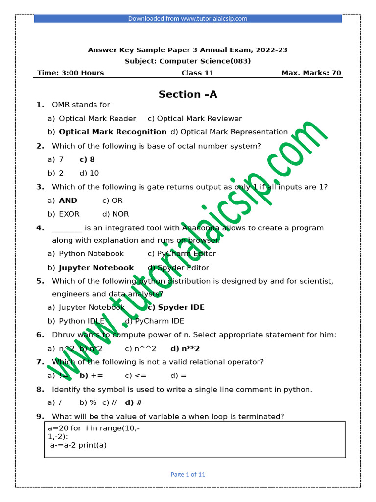 Answer Key Sample Paper 3 Class XI Annual Exam CS | PDF | Computer ...