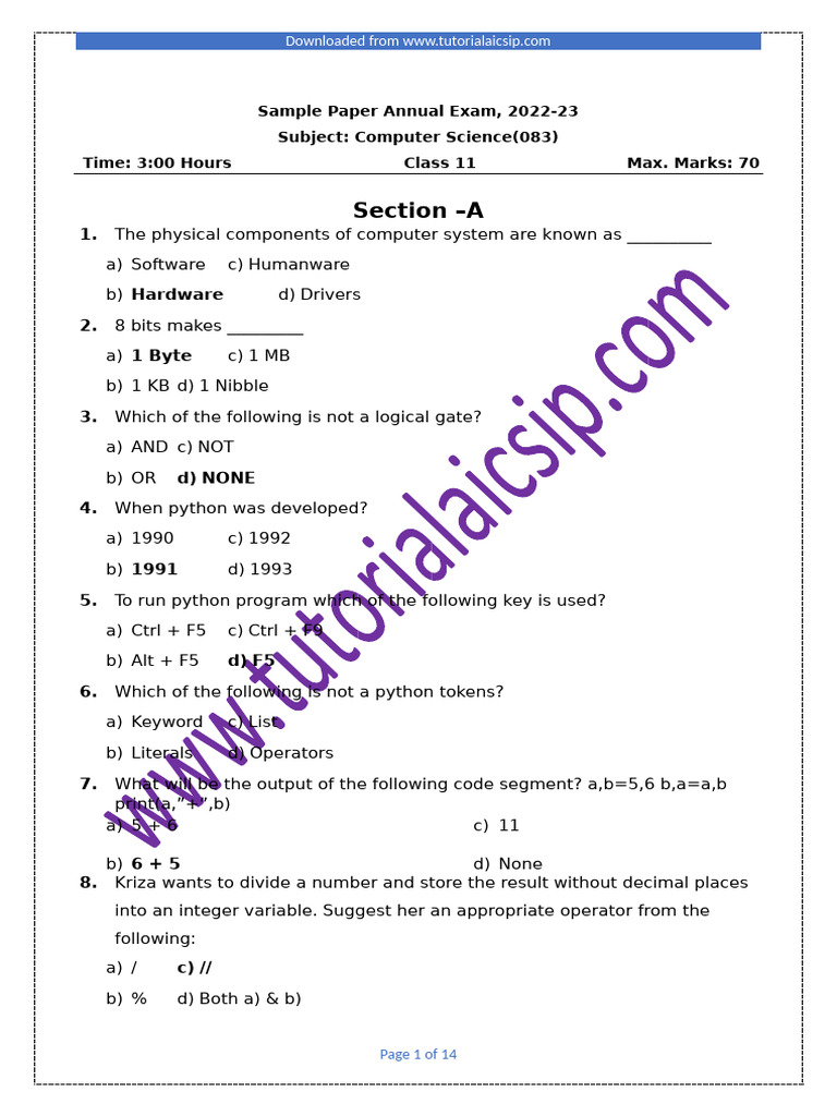 Answer Key Sample Paper 1 Class XI Annual Exam CS | PDF | String ...