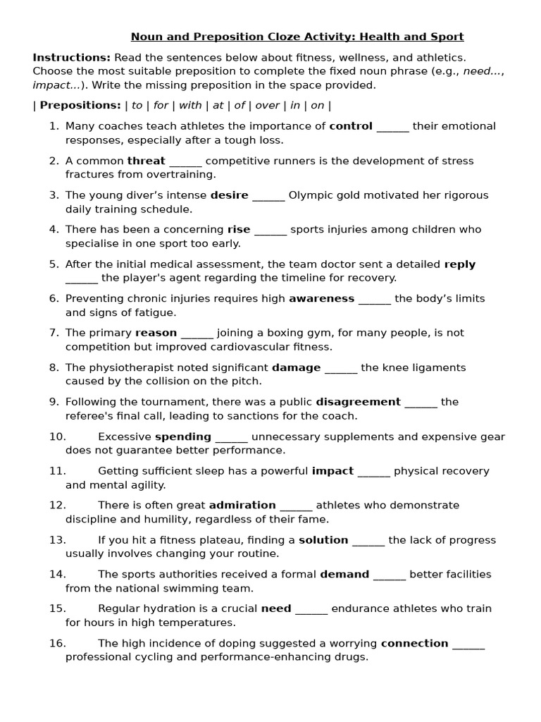 Noun and Preposition Practice Worksheet | PDF | Physical Fitness