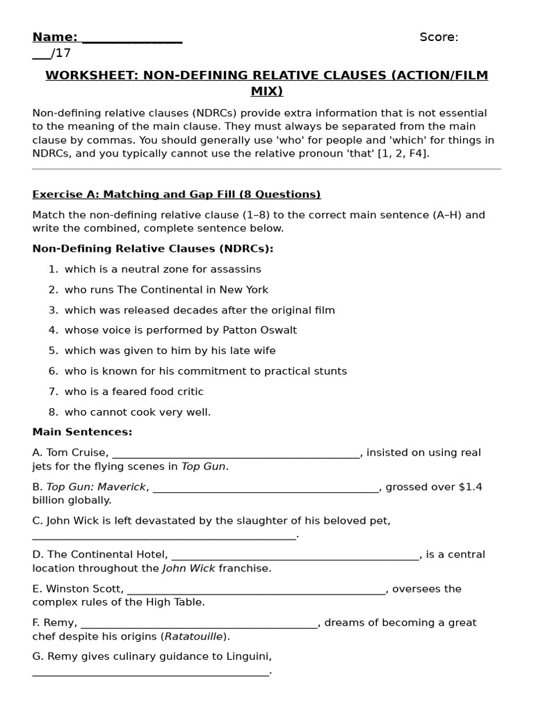 Non Defining Relative Clauses Practice | PDF