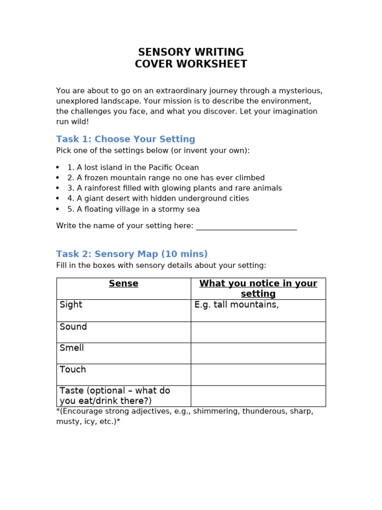 Sensory Writing Adventure Worksheet | PDF