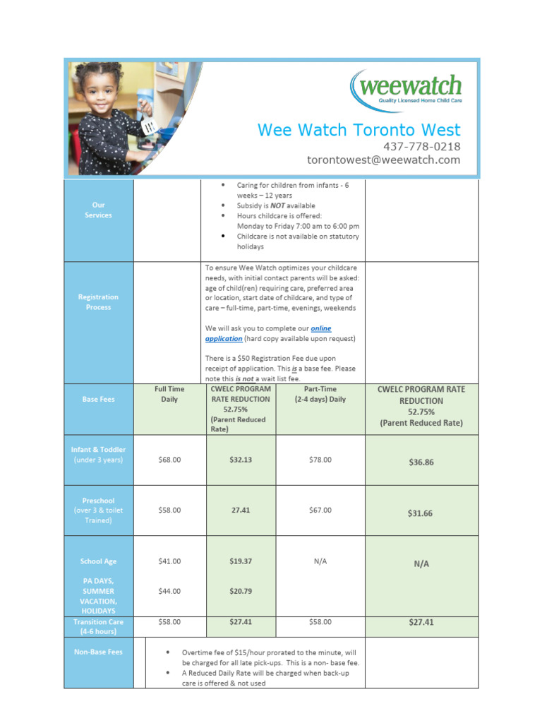 Toronto West Rate Sheet - CWELCC Reduced Rate 2023 | PDF | Child Care ...