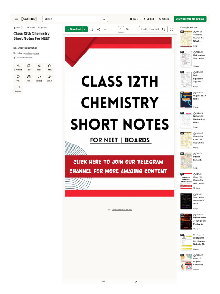 Class 12 Chemistry Short Notes for NEET | PDF | Chemistry | Organic ...