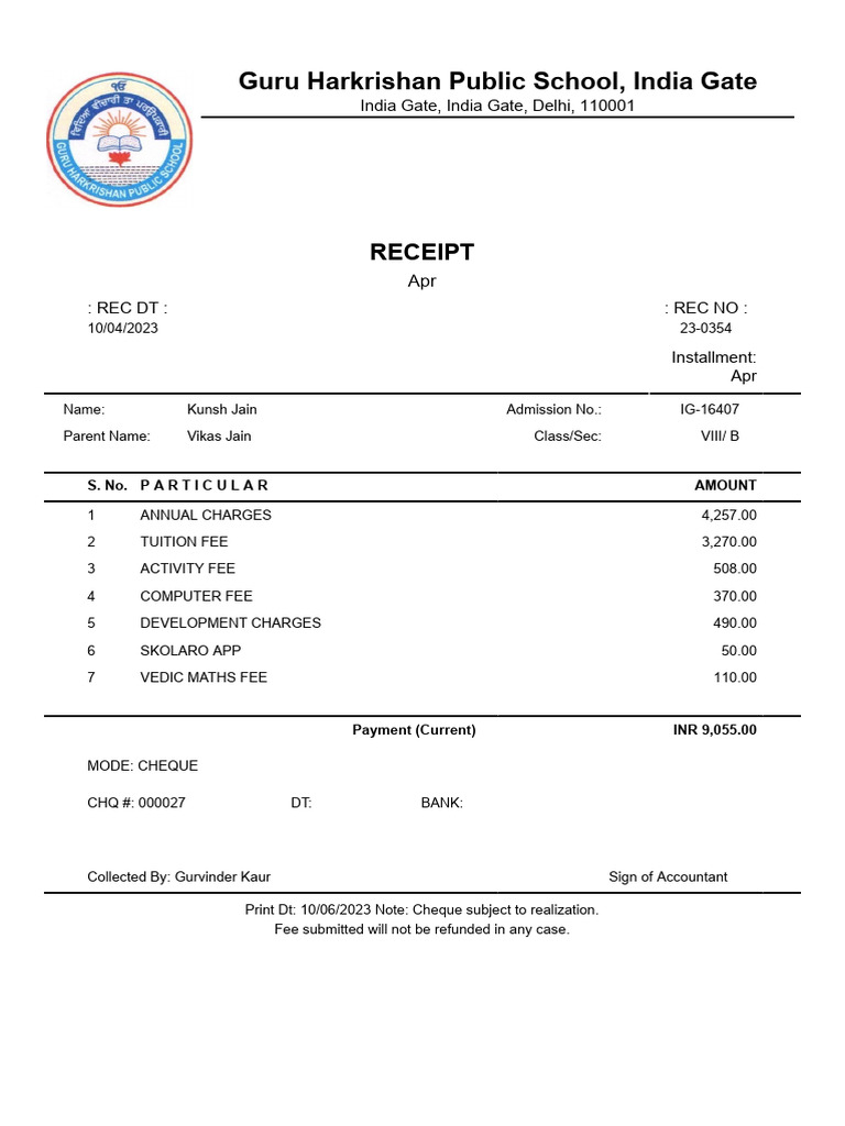Guru Harkrishan School Fee Receipt | PDF