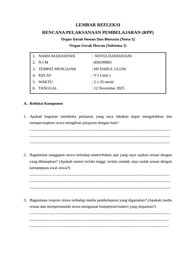 Lembar Refleksi Setelah Melakukan Pembelajaran | PDF