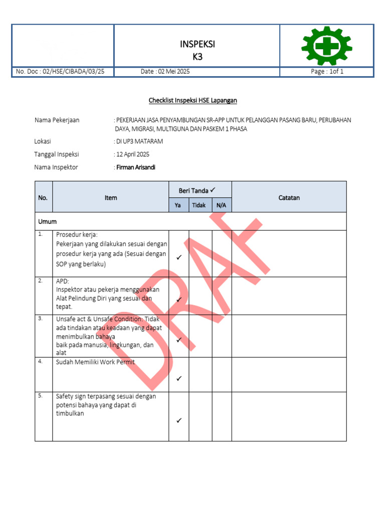 Checklist Inspeksi k3 2025 | PDF