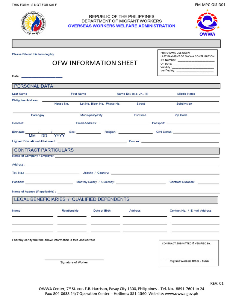 Ofw Information Sheet New Pdf Labor