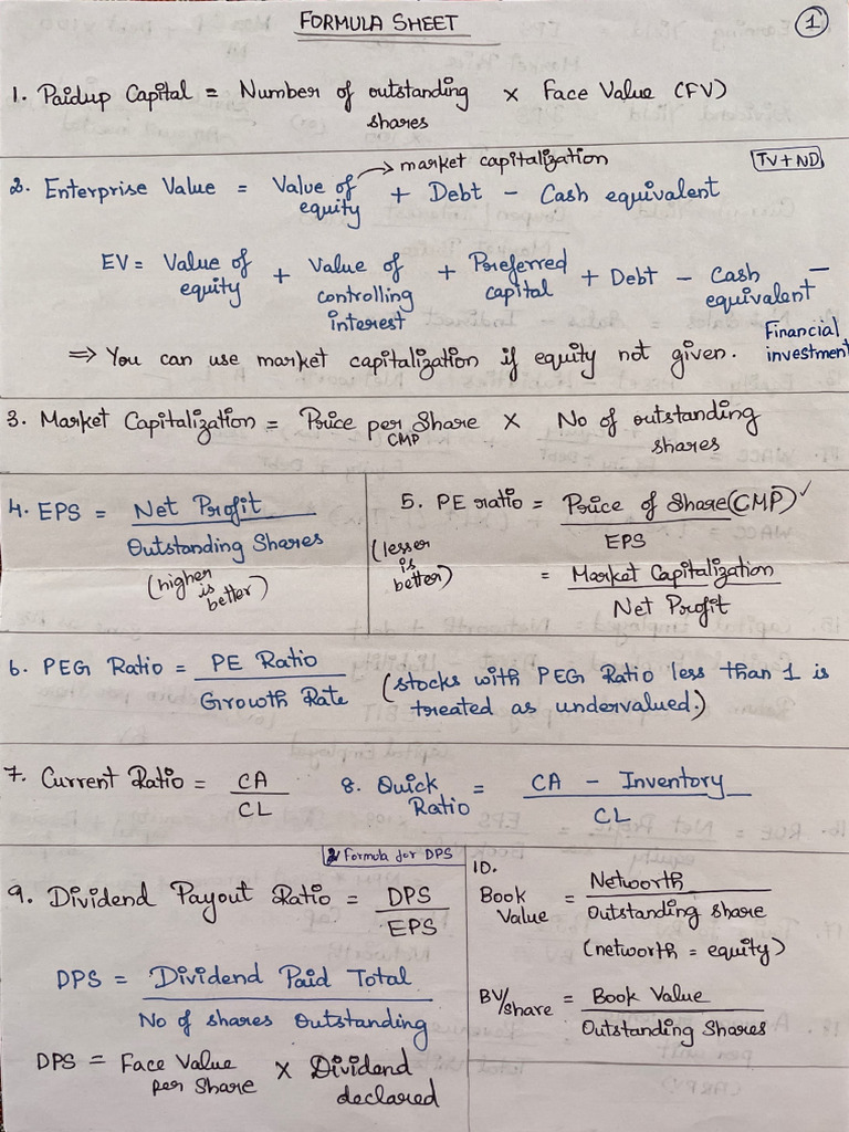 Formula Sheet - NISM RA Certification | PDF