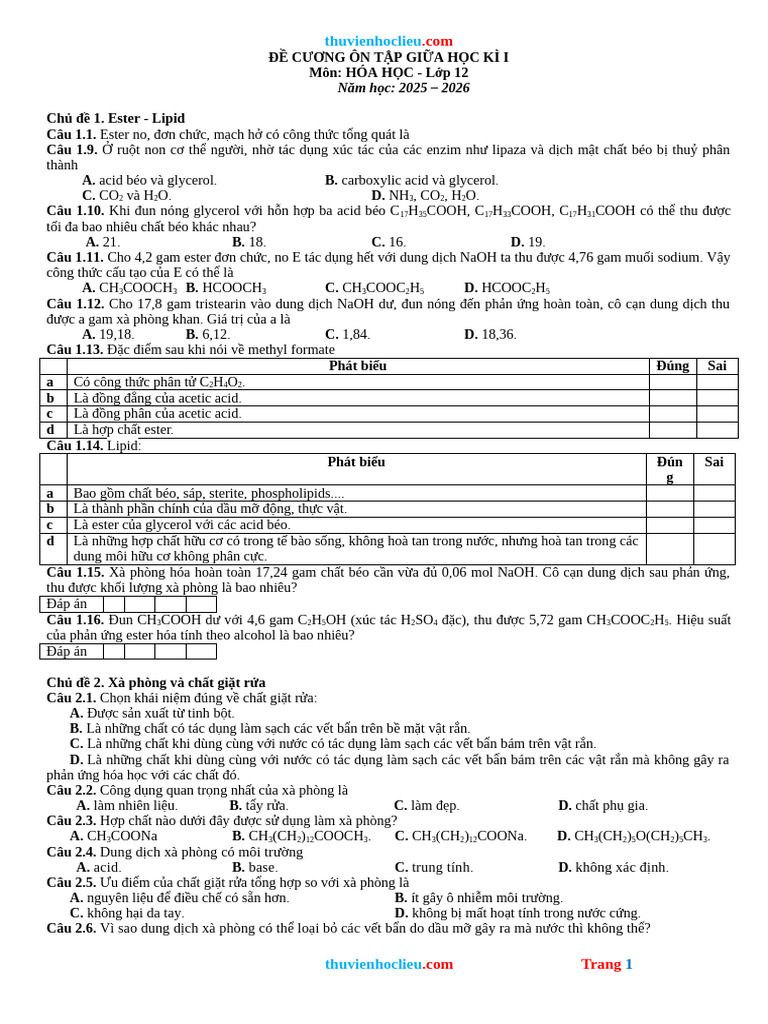Thuvienhoclieu.com de Cuong on Tap Giua HK1 HOA 12 KNTT 25 26 | PDF