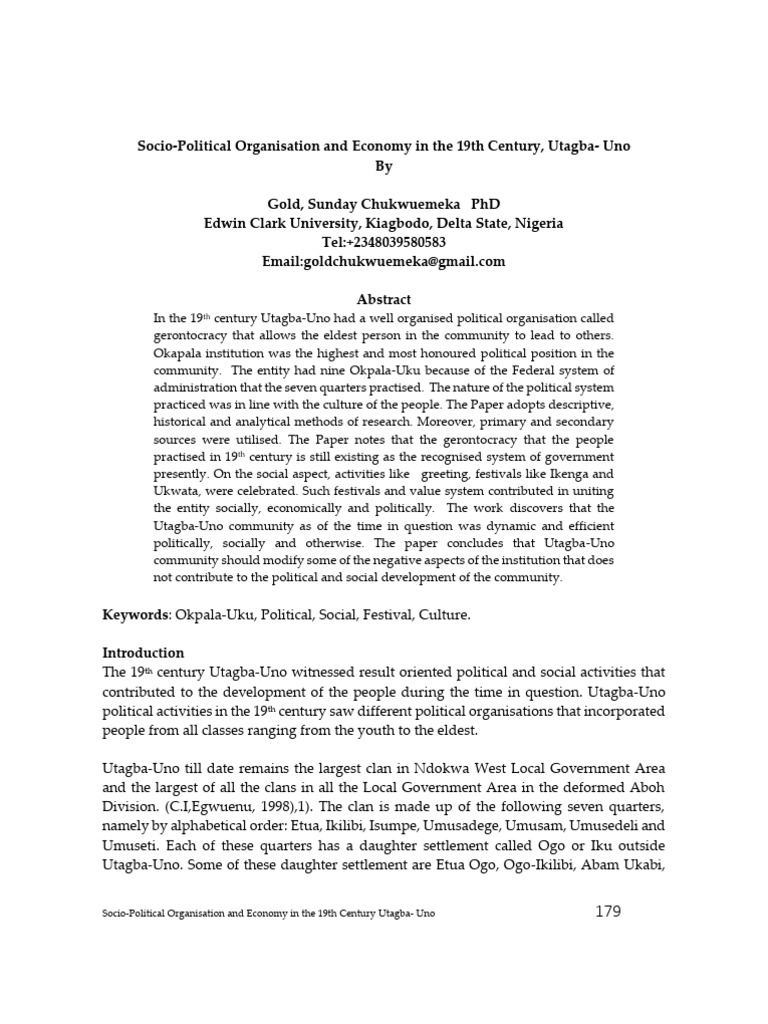 Utagba Uno Socio Political Organisation and Economy in The 19th Century ...