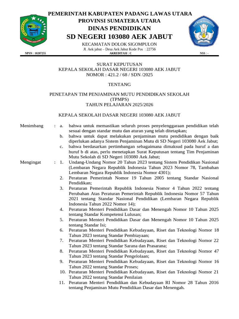 Tim Penjaminan Mutu SD 103080 Aek Jabut | PDF