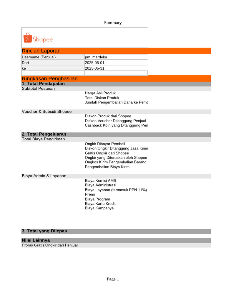 Laporan Pendapatan Penjual Shopee Mei 2025 | PDF