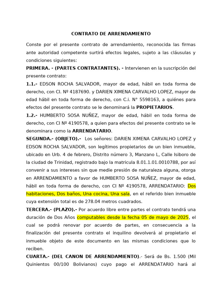 CONTRATO DE ALQUILER HUMBERTO SOSSA | PDF