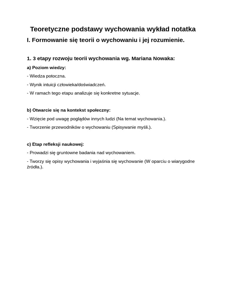 Teoretyczne Podstawy Wychowania Wykłady Notatka | PDF