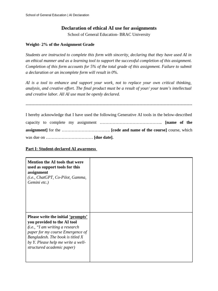 Brac School of General Education_Declaration of Ethical AI Use for Assignments | PDF | Learning