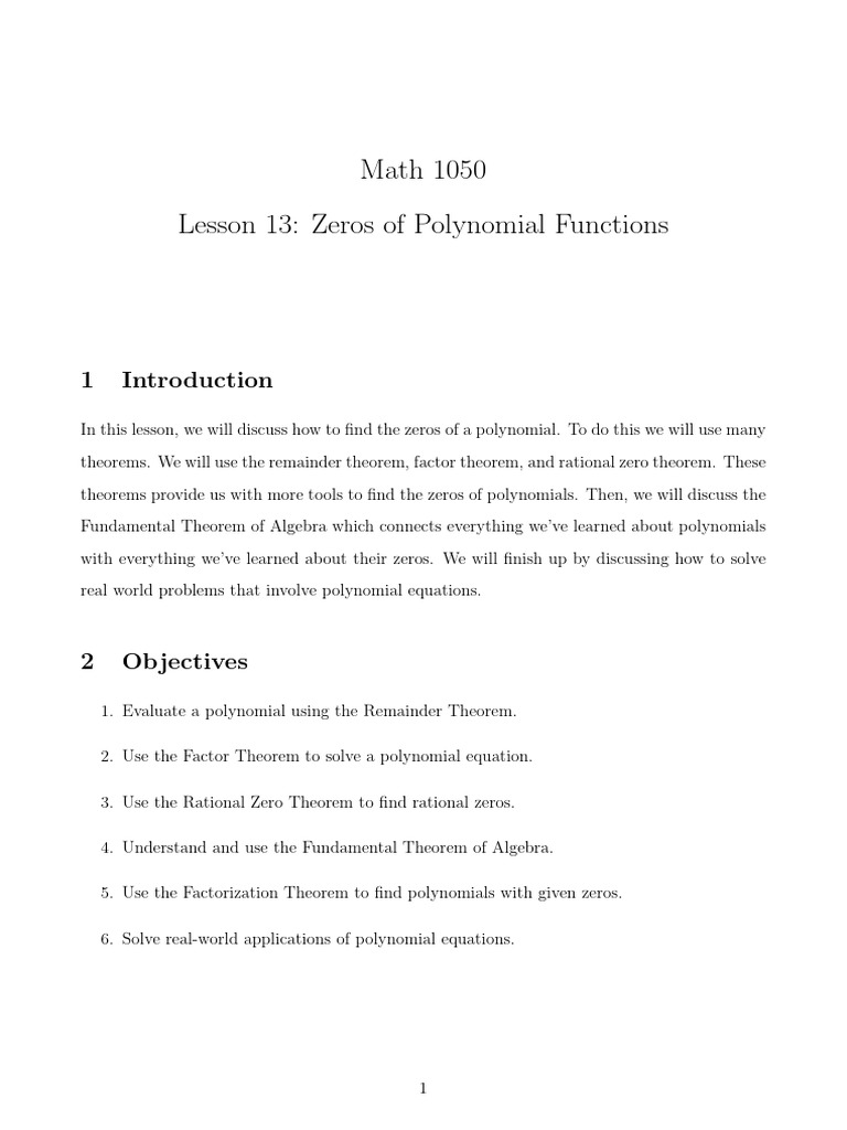 Lesson 13 - Zeros of Polynomial Functions | PDF | Factorization | Polynomial