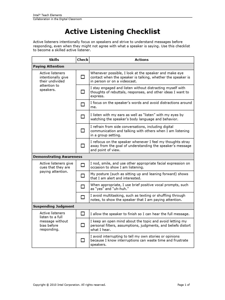 Active Listening Skills Checklist | PDF | Attention | Body Language