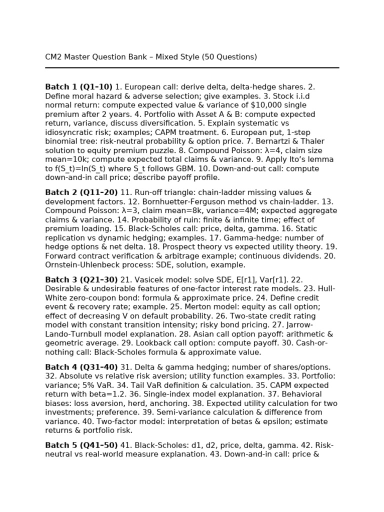 Cm2 Master Question Bank | PDF | Greeks (Finance) | Black–Scholes Model