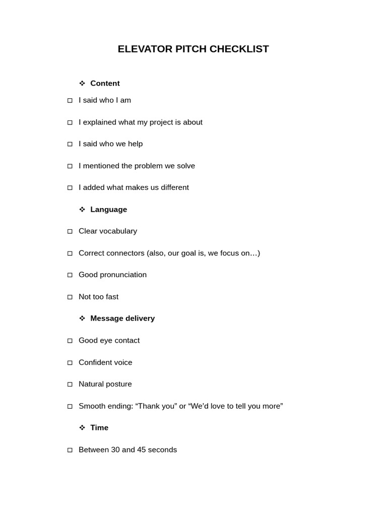 Elevator Pitch Checklist Guide | PDF