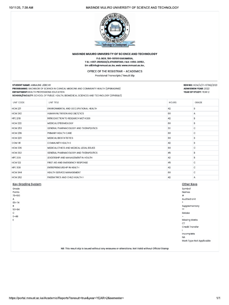 Masinde Muliro Year 2 Transcripts | PDF