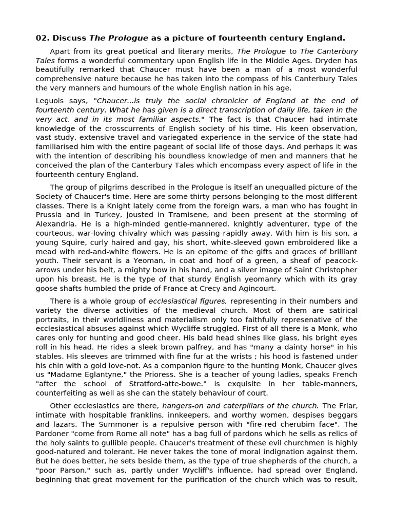 The Prologue As A Picture of Fourteenth Century England | PDF | The ...