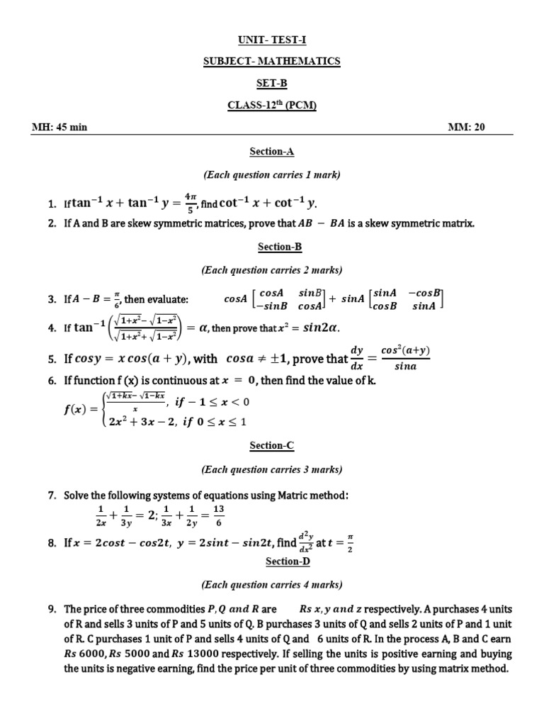 12th Cm Ut 1 Set b -2024 | PDF | Operator Theory | Linear Algebra