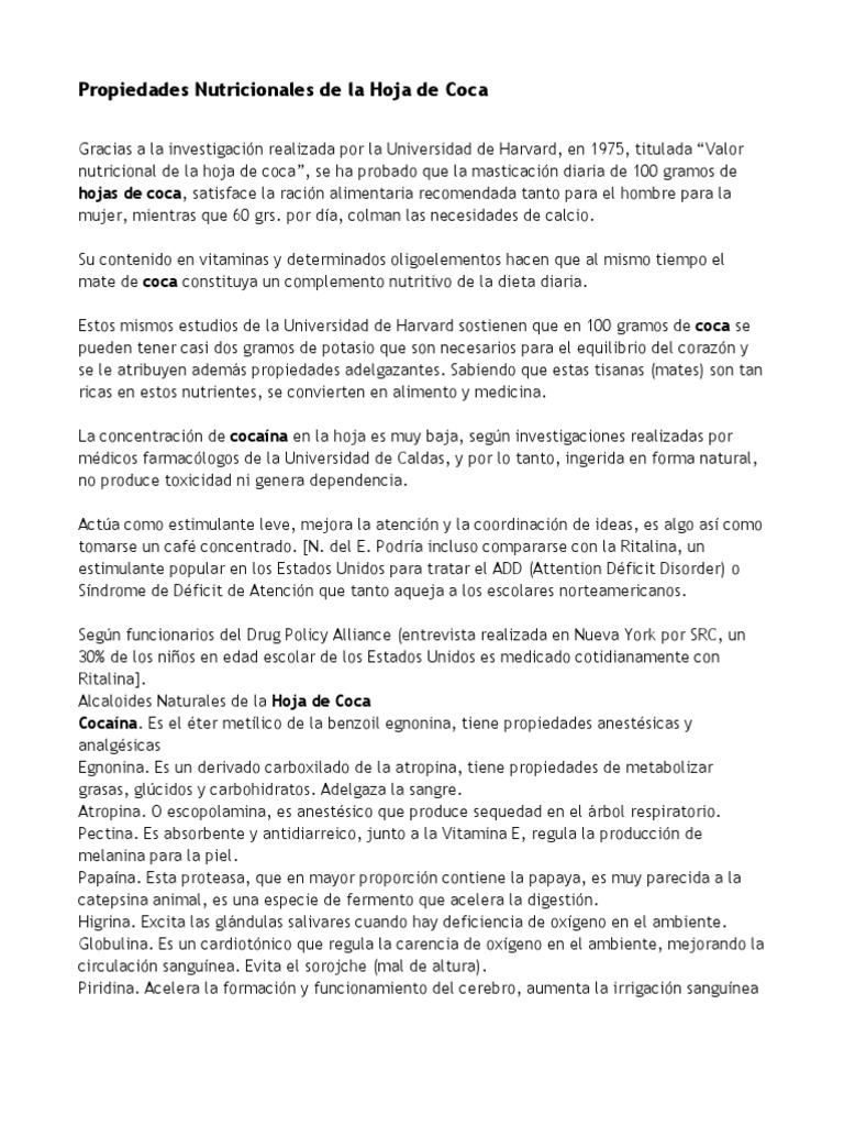 Nutrientes y Propiedades de la Hoja de Coca | PDF | Cocaína | Magnesio