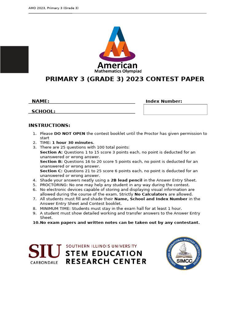 AMO 2023 Primary 3 Grade 3 Contest Paperv2 | PDF