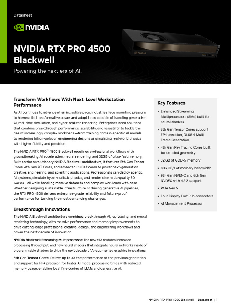 Workstation Datasheet Blackwell RTX Pro 4500 Gtc25 Spring Nvidia 3662540 | PDF | Graphics ...