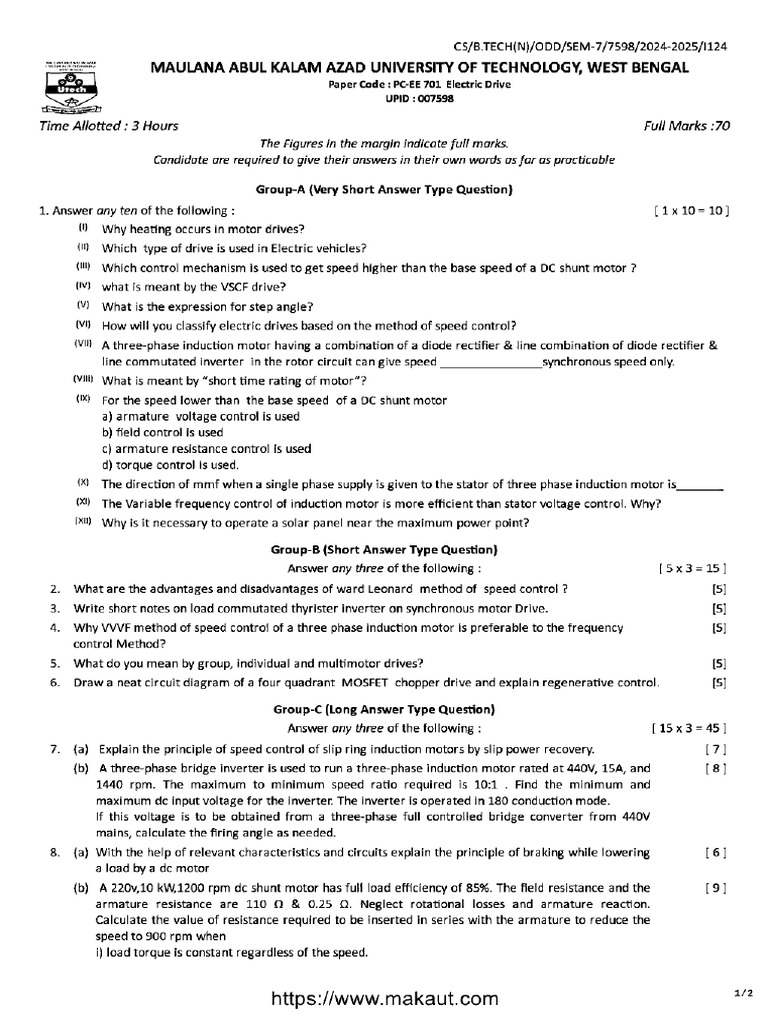 Btech Ee 7 Sem Electric Drive PC Ee 701 2025 | PDF