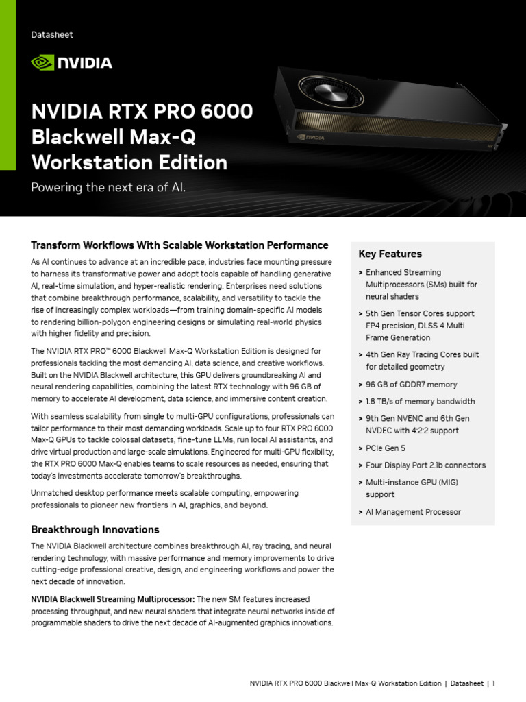 Workstation Datasheet Blackwell RTX Pro 6000 Max Q Nvidia 3519233 | PDF | Graphics Processing ...