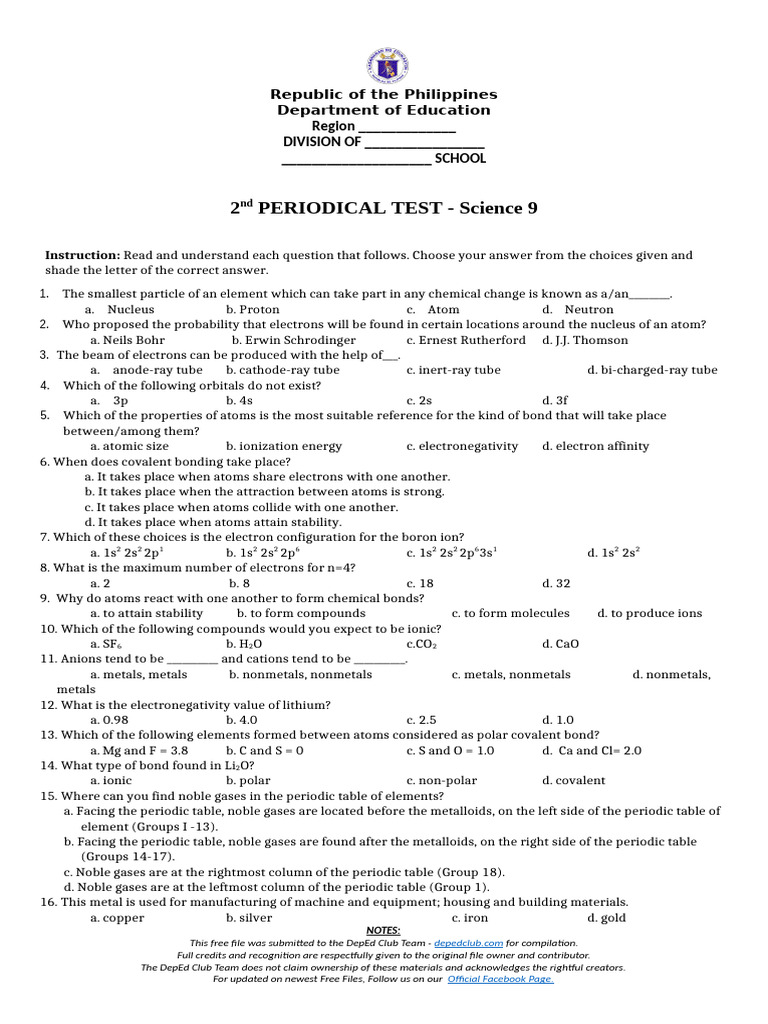 Dtc_pt Science 9 q2 Melc With Key v2 | PDF | Mole (Unit) | Chemical Bond