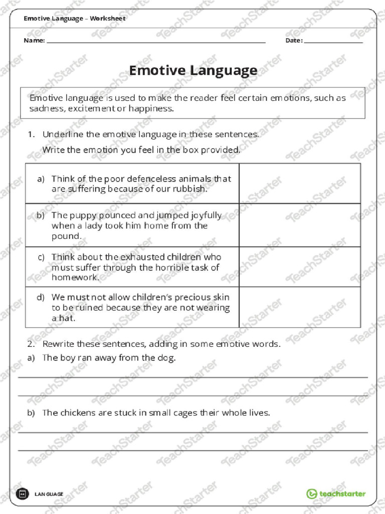 Jacob-Emotive Language Worksheet - Teach Starter | PDF