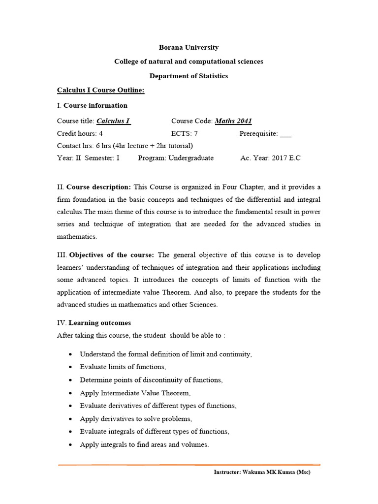 Calculus I (Course Outline) Statistics Dept | PDF | Integral | Derivative