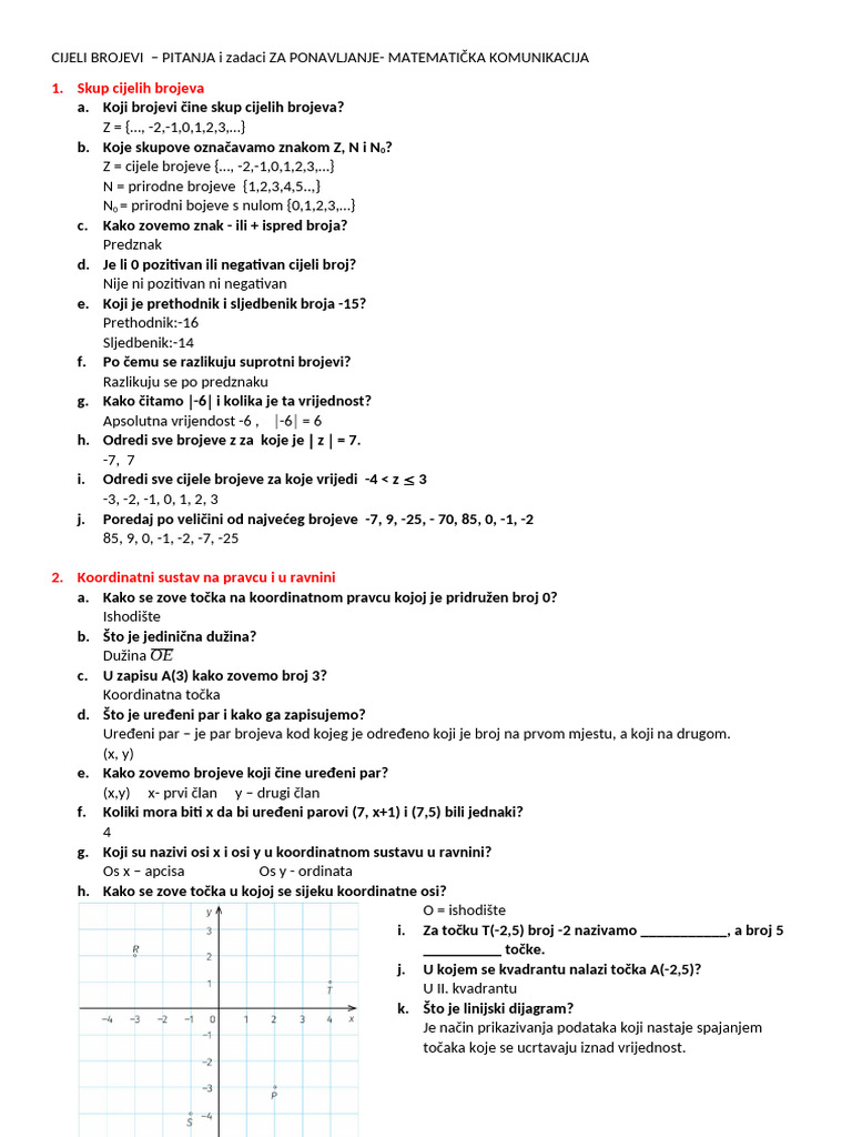 Matematika Cijeli Brojevi I Koordinatni Sustav | PDF