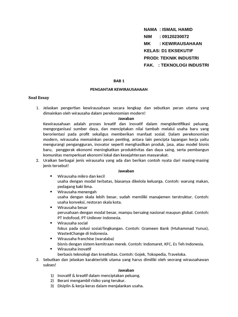 Tugas Bab 1 Kewirausahaan - Ismail Hamid - 09120230072 | PDF