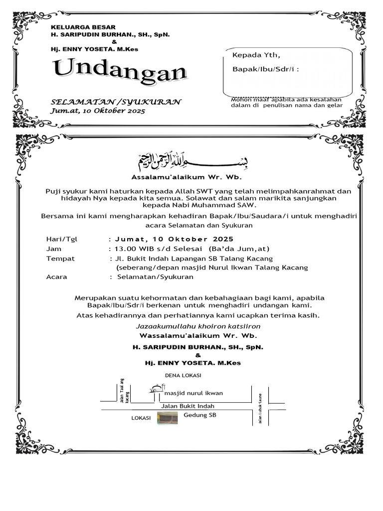 Undangan Syukuran Dan Selamatan (H Saripudin Burhan., SH, SPN) | PDF