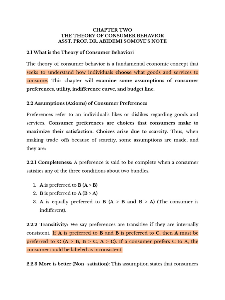 Chapter 2—Theory of Consumer Behavior.docx (1) | PDF | Utility | Marginal Utility