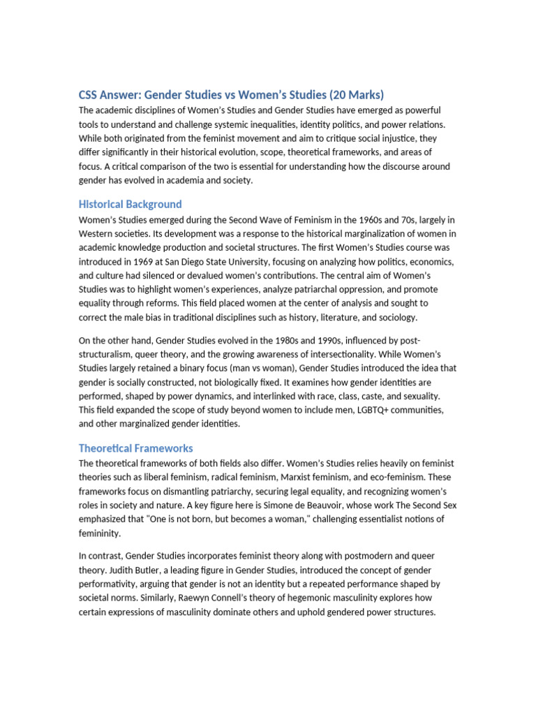 Gender_Studies_vs_Womens_Studies_CSS_Answer | PDF | Gender | Gender Studies