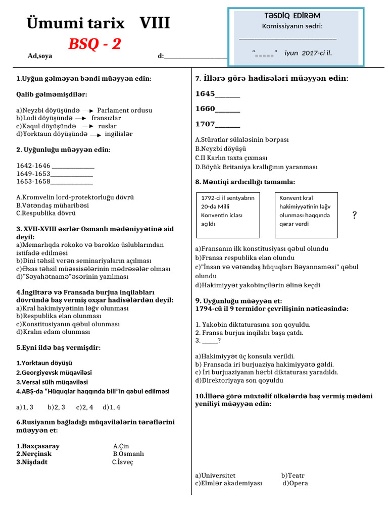 Ümumi Tarix VIII Sinif BSQ-2 | PDF