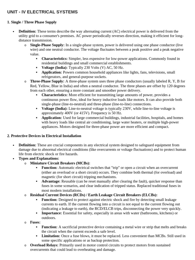 Unit - IV Electrical Systems | PDF | Electrical Wiring | Fuse (Electrical)