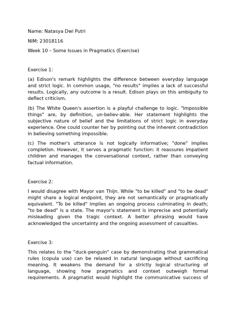 Week 10 Exercise (SemPrag)_Natasya Dwi Putri_23018116 | PDF | Human ...