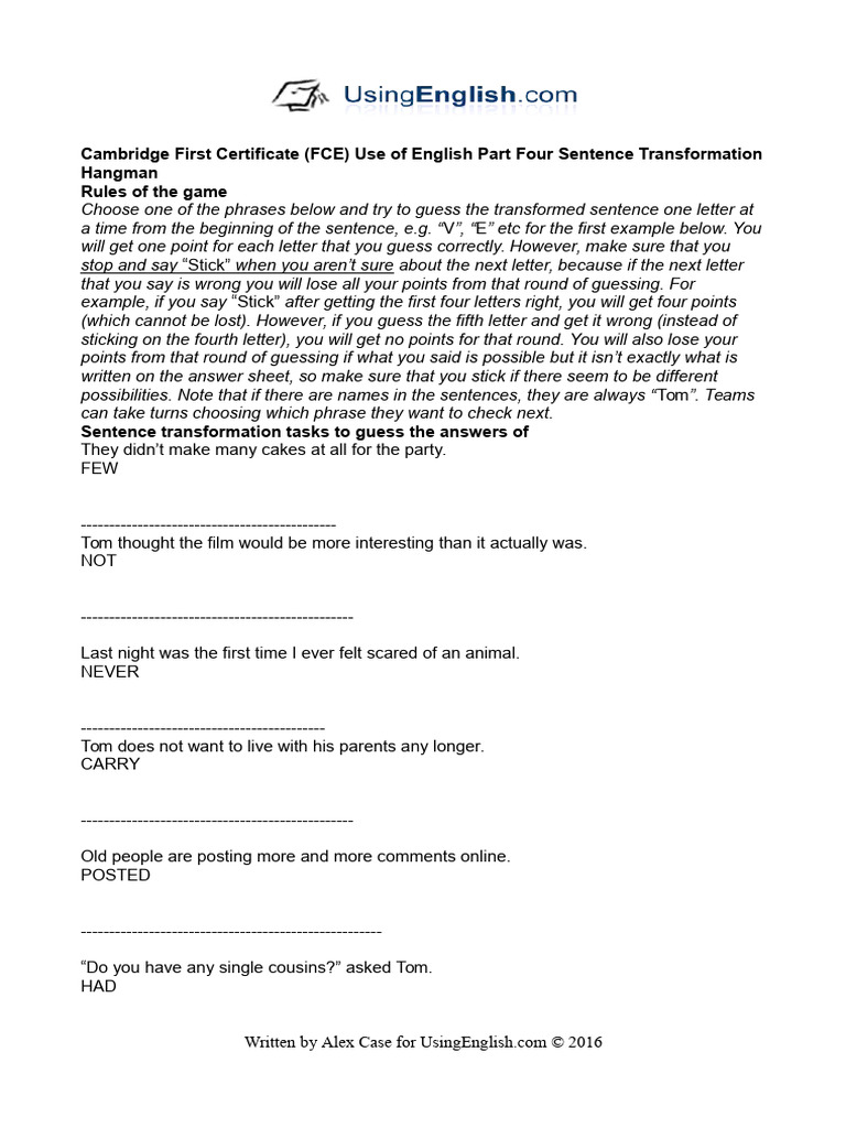 Cambridge First Certificate Fce Use of English Part 4 Sentence ...