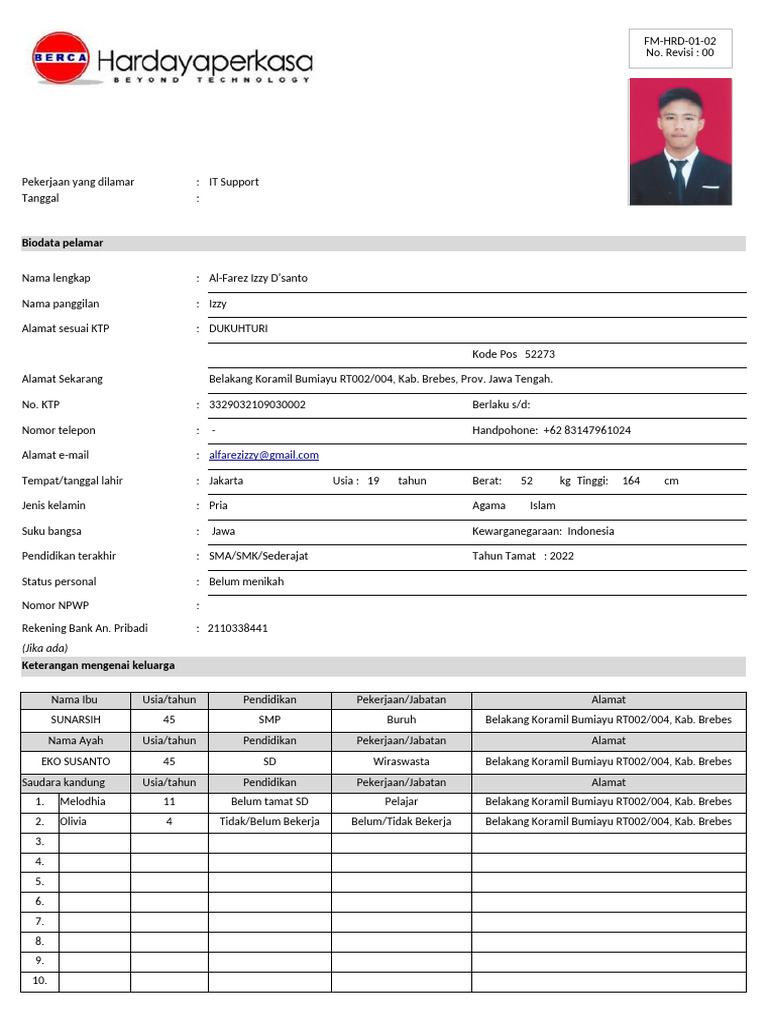 Form Data Diri Berca Hardayaperkasa | PDF