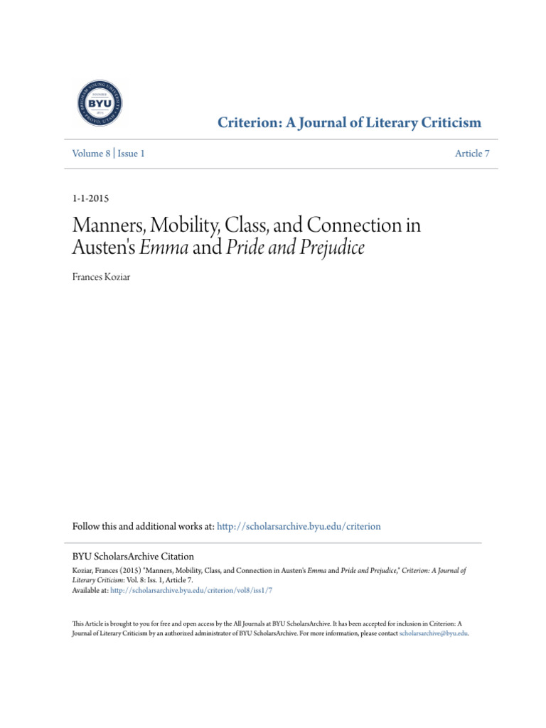 Manners Mobility Class and Connection in Austens - I-Emma - I | PDF ...