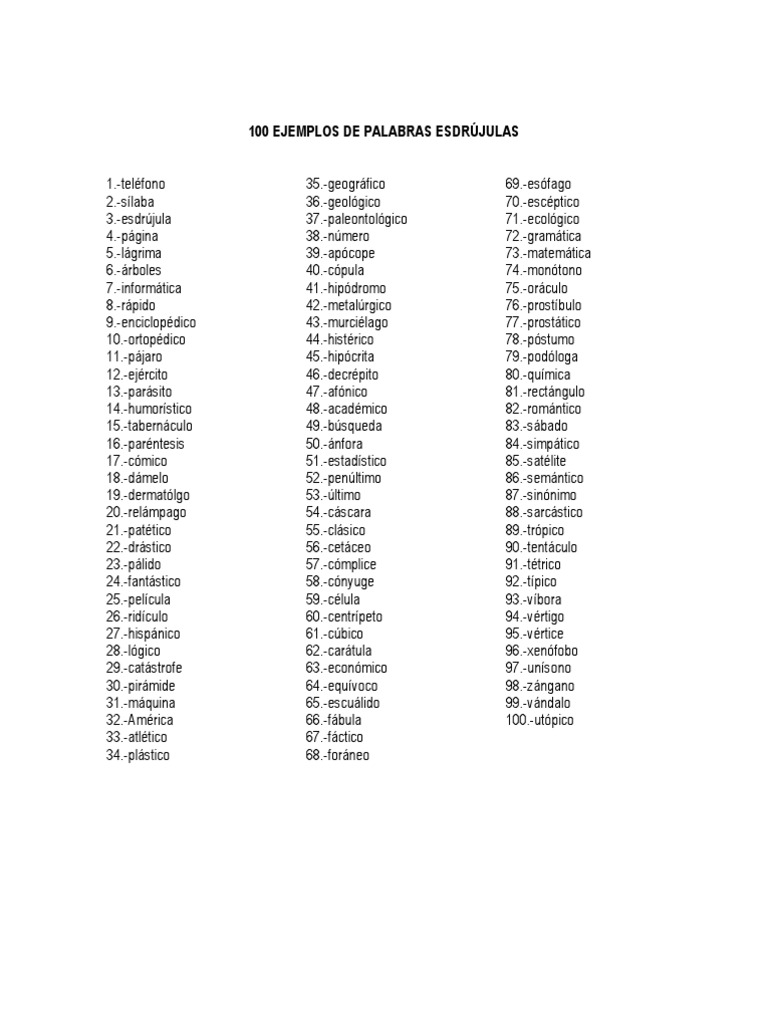 100 EJEMPLOS DE PALABRAS ESDRÚJULAS