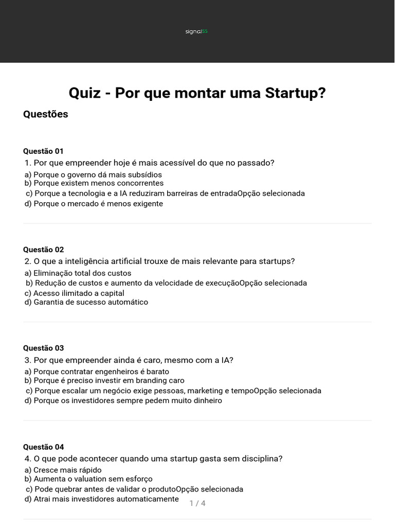 Quiz sobre Empreendedorismo e Startups | PDF | Empresa Startup ...